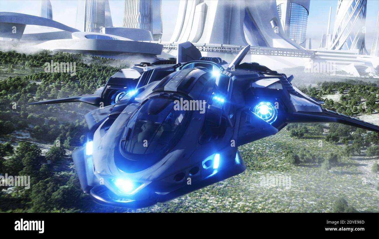 futuristic ship and city. Future concept. Aerial view. 3d rendering ...