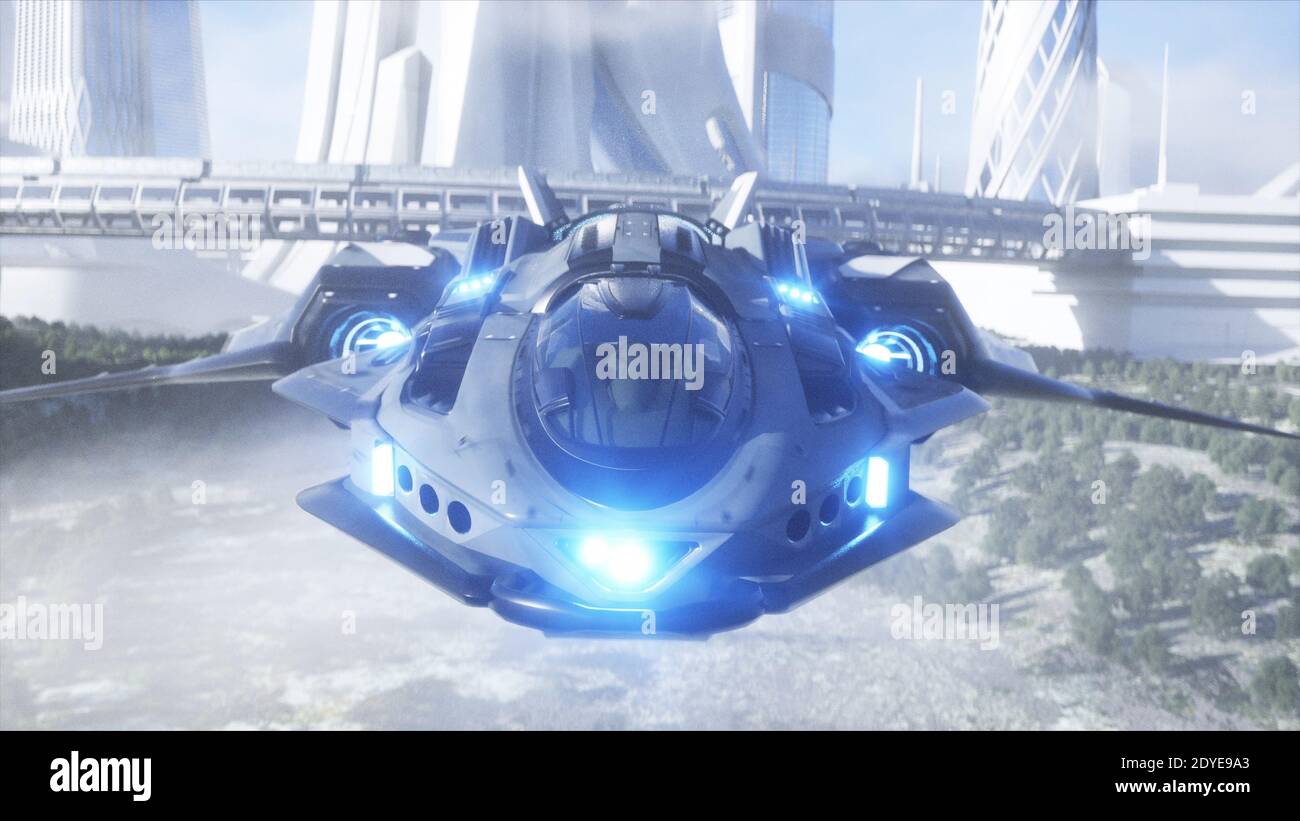 futuristic ship and city. Future concept. Aerial view. 3d rendering ...