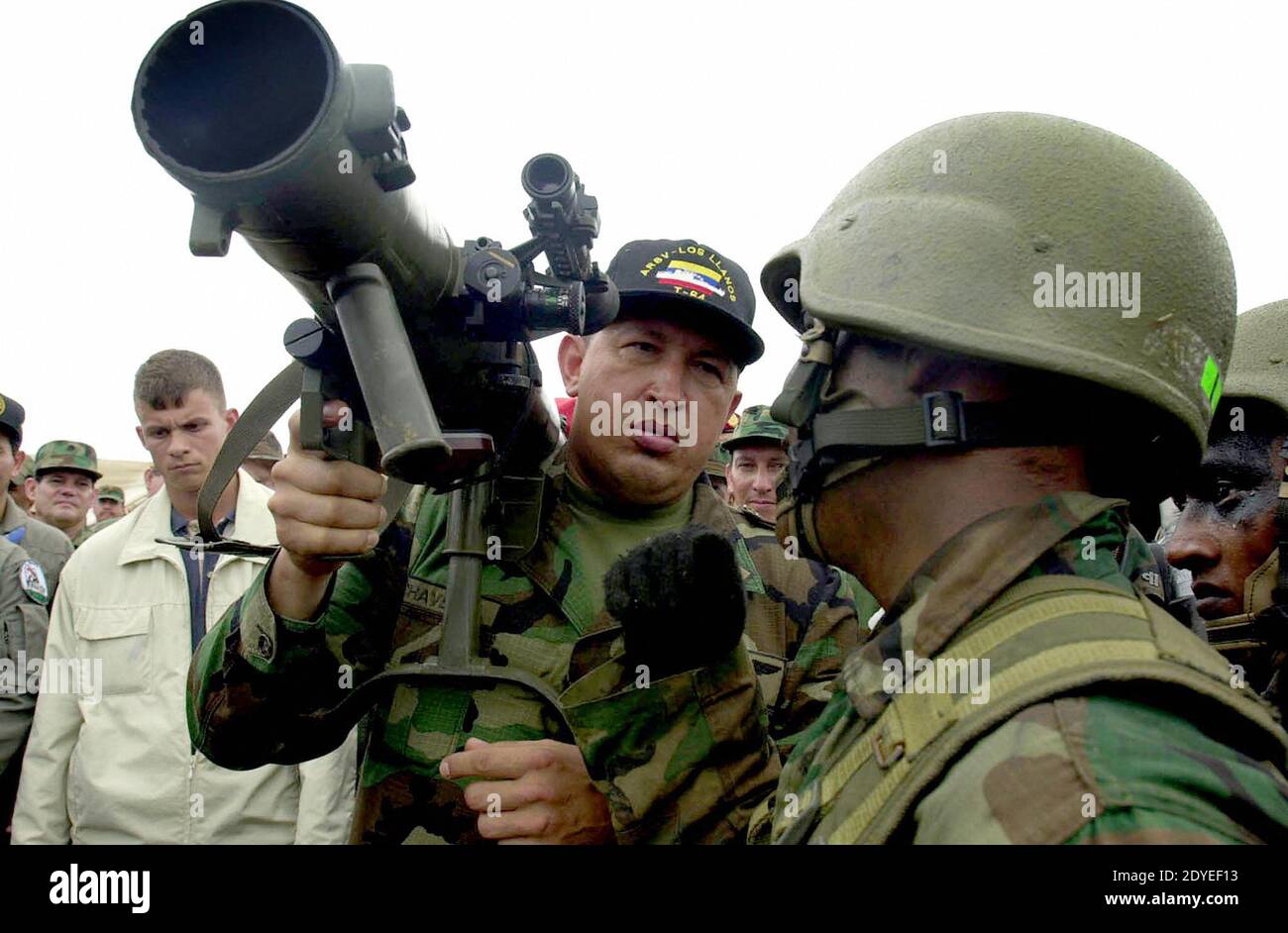 Venezuelan President Hugo Chavez handles an anti-tank missile launcher ...