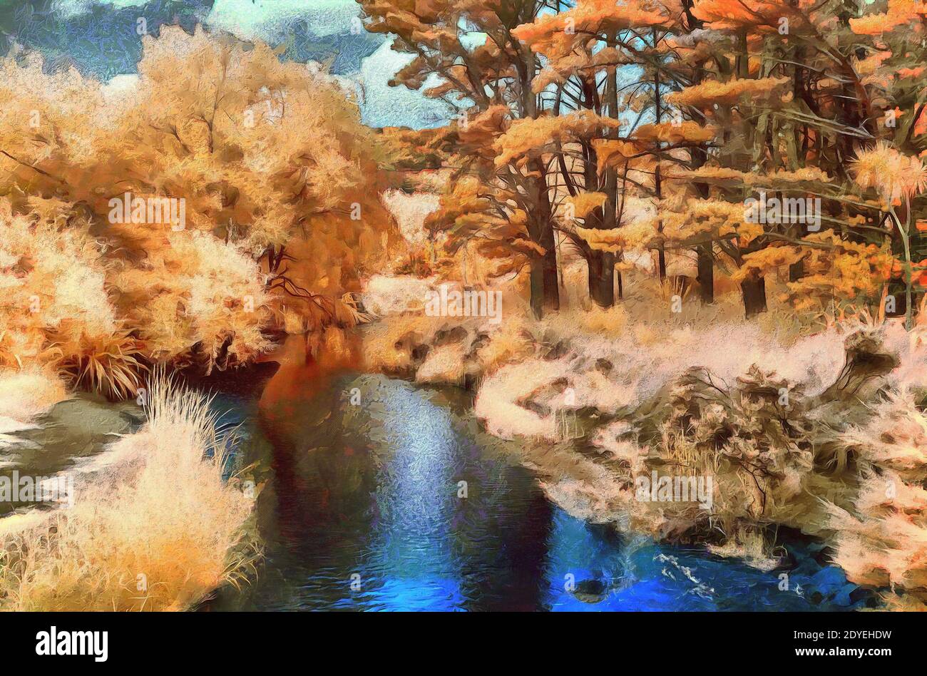 Infrared image of blue river with lined with golden foliage under a ...