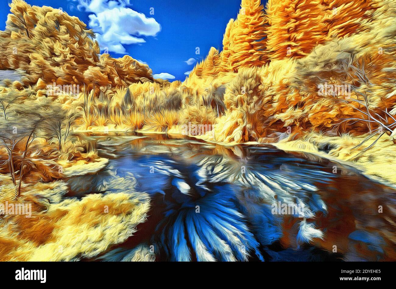 Infrared image of blue river with lined with golden foliage under a ...
