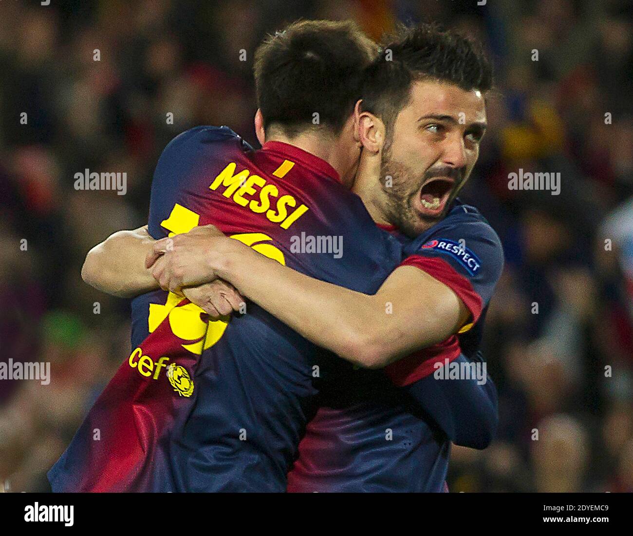 David Villa and Lionel Messi of Barcelona during the UEFA Champions ...