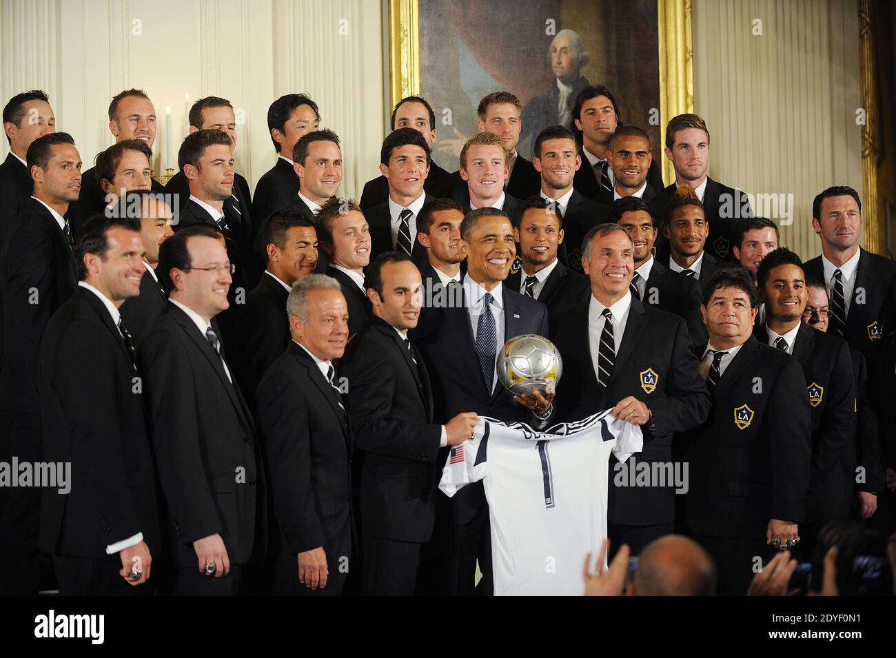 U.S. President Barack Obama poses with the Major League Soccer champion ...