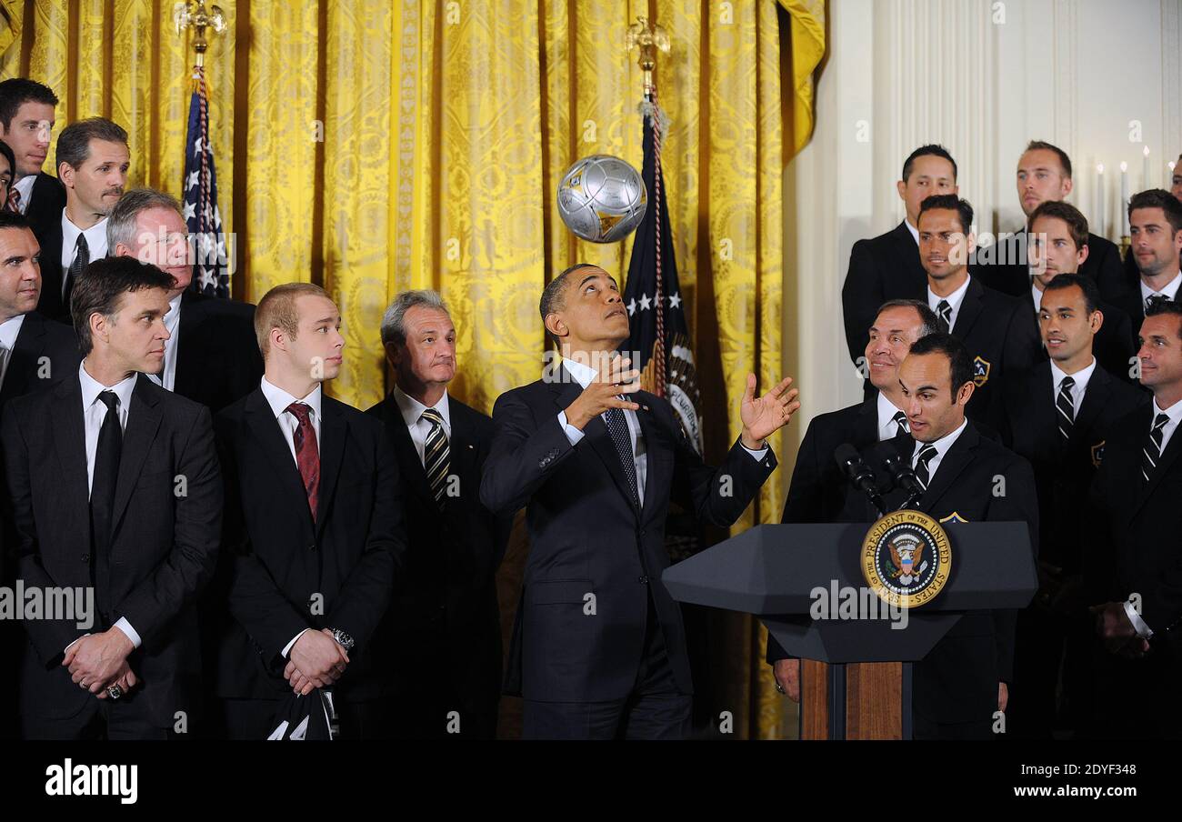 United States President Barack Obama juggles with a soccer ball as he ...