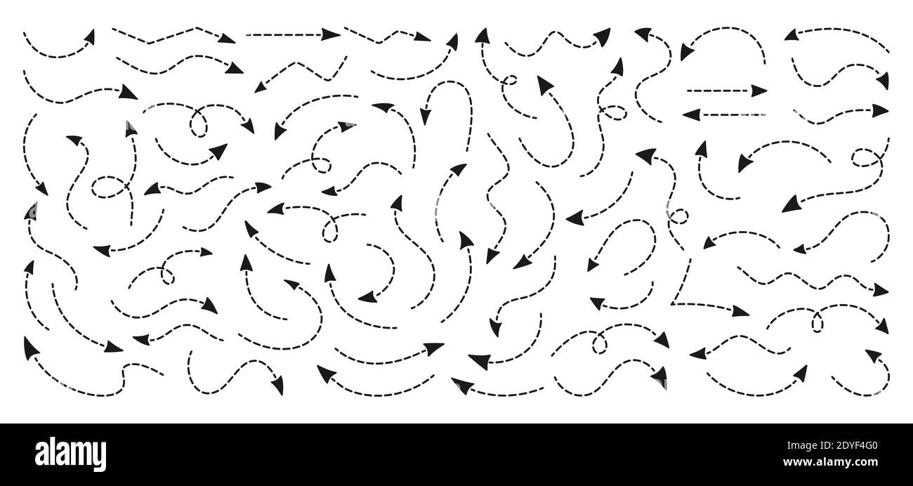 Black arrows hand drawing infographic, dash dotted line set. Grunge different directions pointer ...