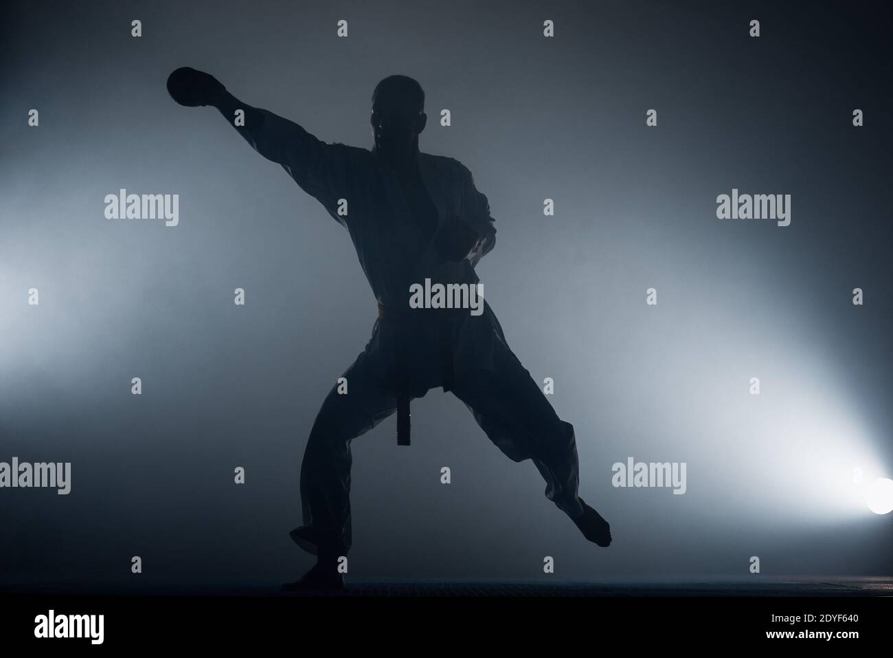 Male karate fighter performing kick isolated on dark background in the ...