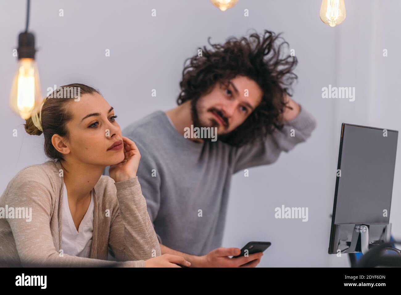 Close up two colleagues working together desk office hi-res stock ...