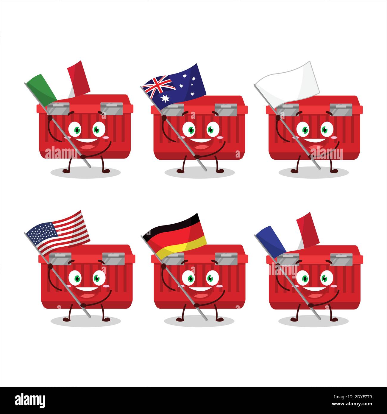 Red Toolbox Cartoon Character Bring The Flags Of Various Countries