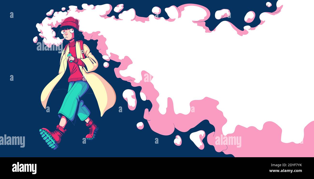 Teenager girl vaper walking and smoke vape. Vaping woman. Alternative ...