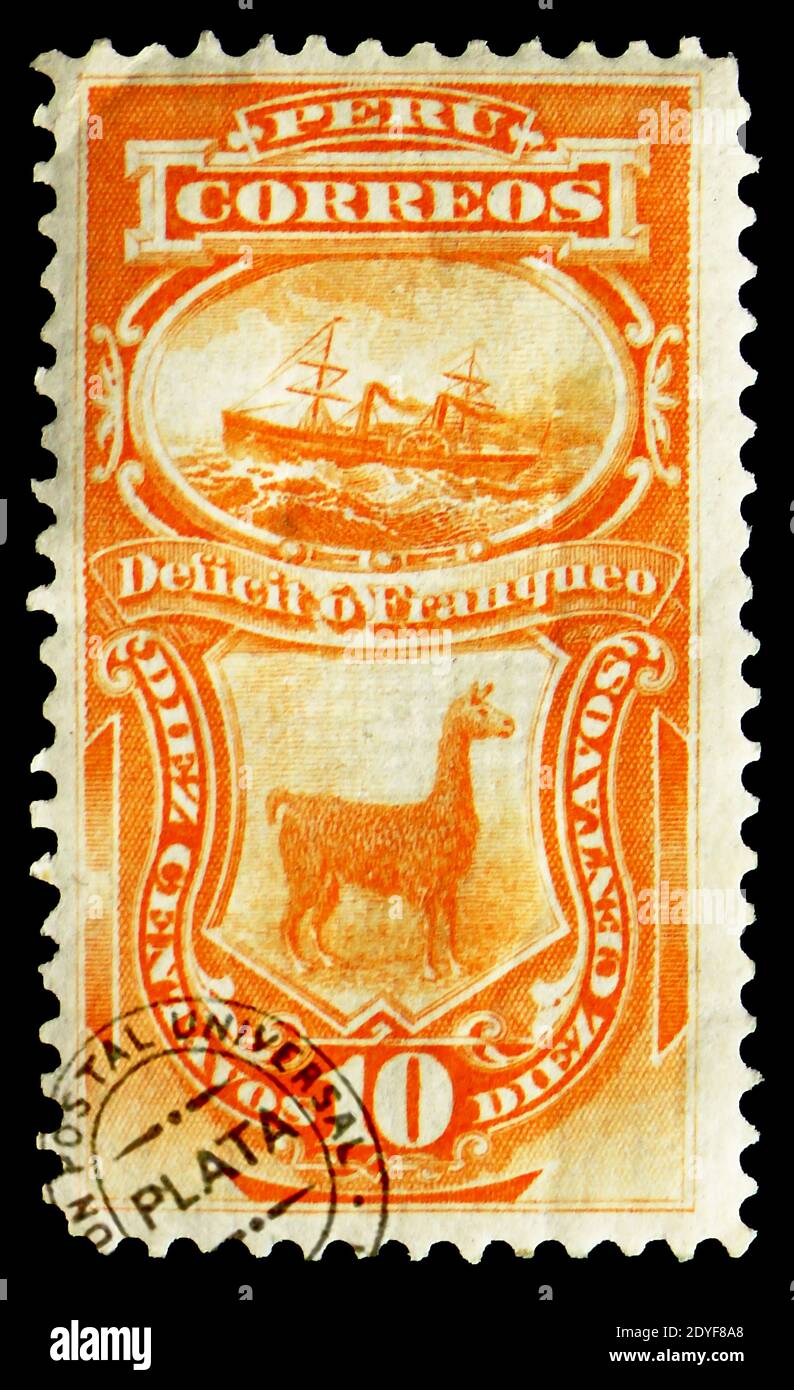 MOSCOW, RUSSIA - MARCH 23, 2019: A stamp printed in Peru shows Postage ...