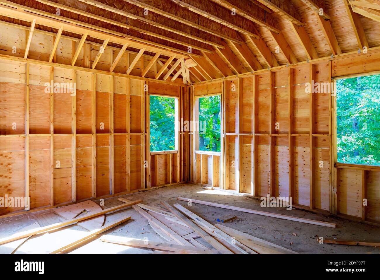 American Wooden house in beams the view of interior building frame ...