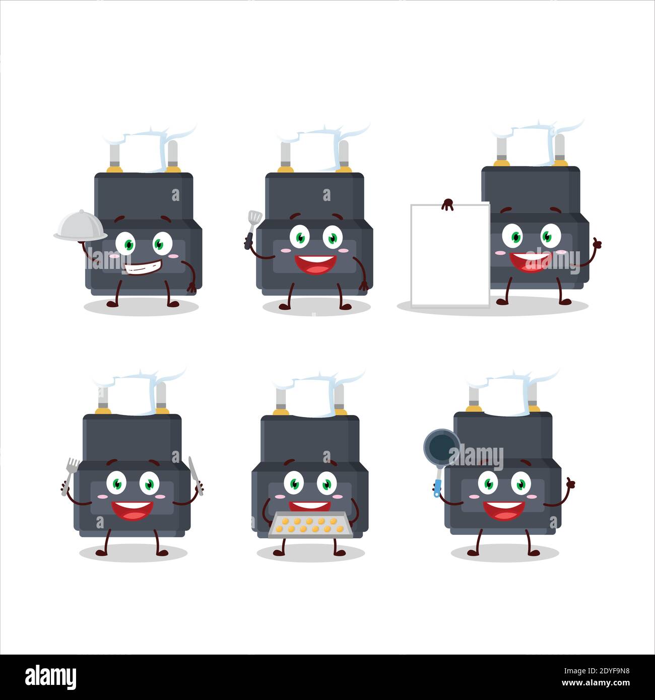 Cartoon character of adapter connector with various chef emoticons ...