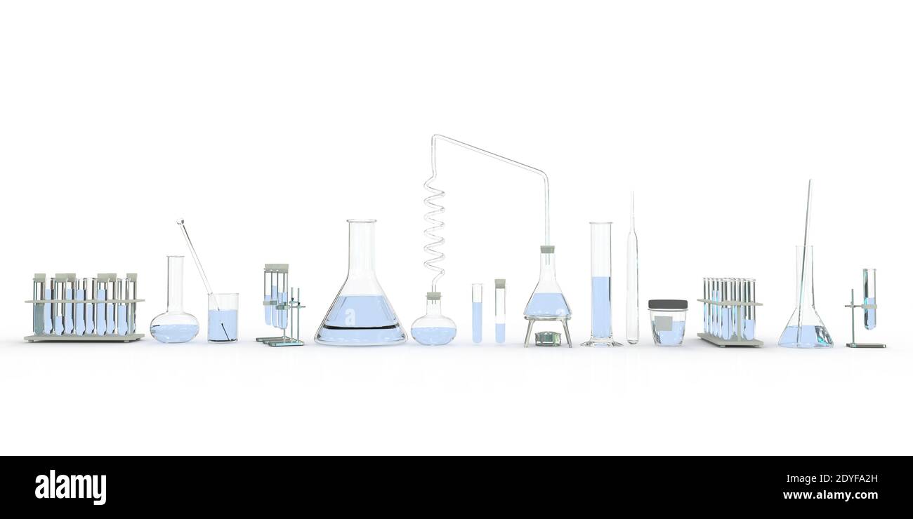 Line of laboratory test-tubes and other scientific glassware with water ...