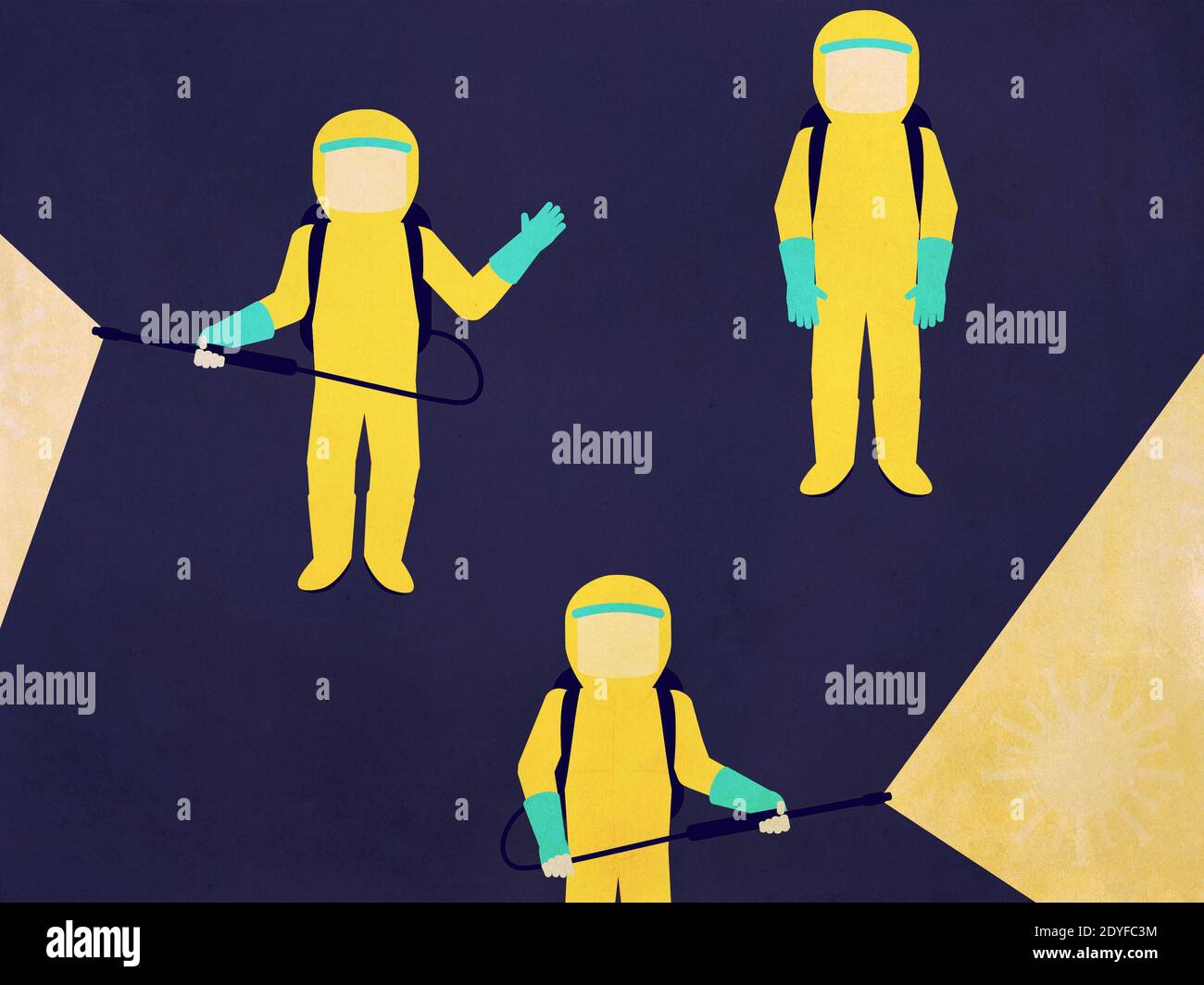 Worker in a personal yellow protective suit sprays disinfectant design ...