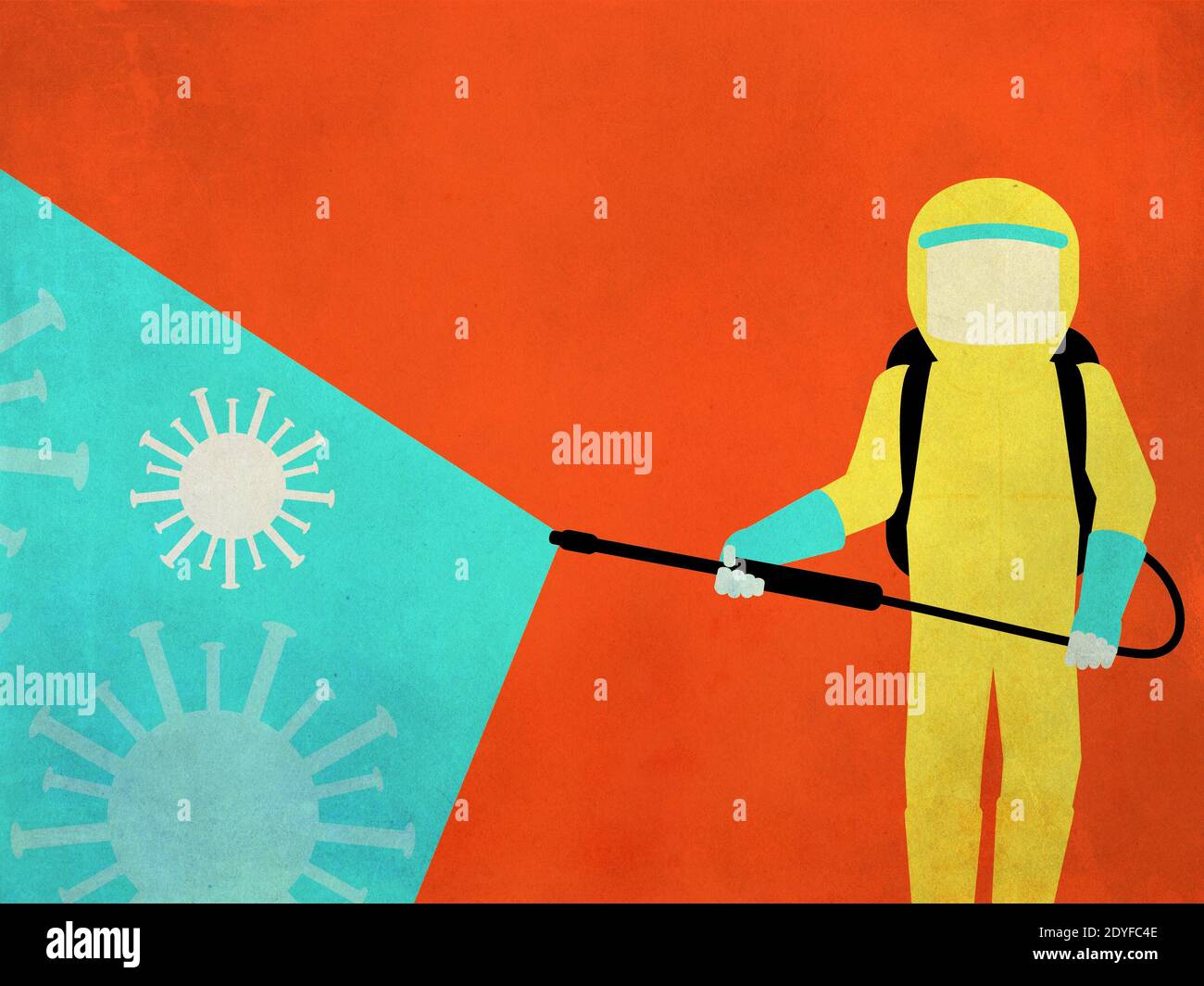 Worker in a personal yellow protective suit sprays disinfectant design ...