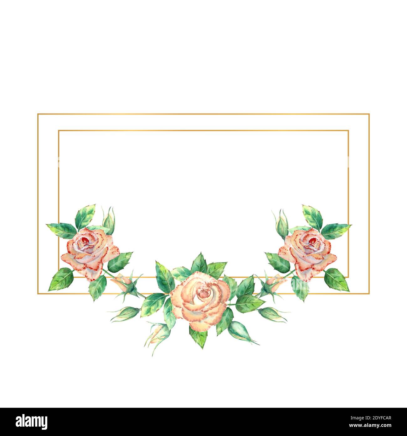 Gold geometric frame decorated with flowers. Peach roses, green leaves ...