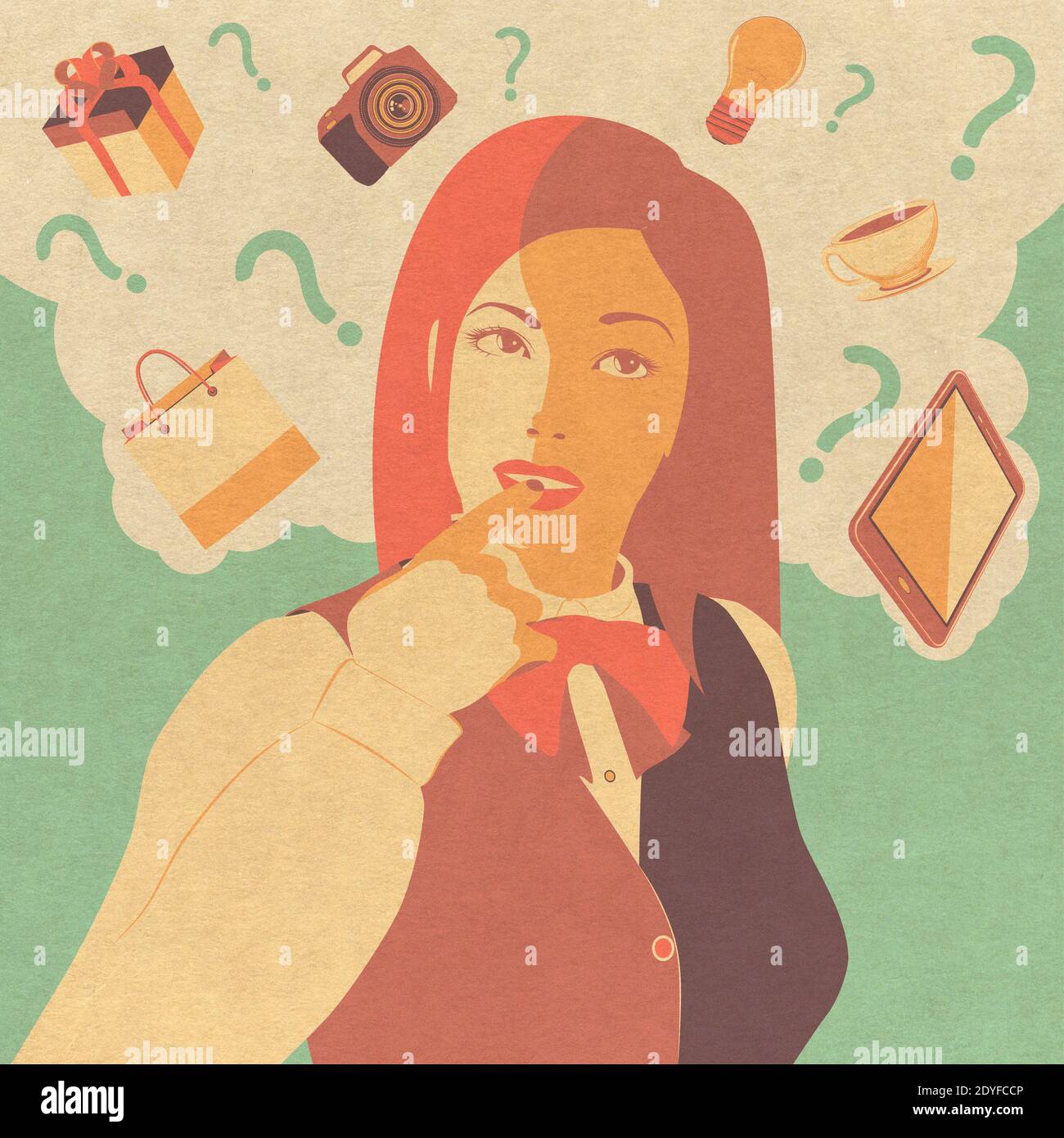 Young woman and her thoughts, minimalist retro style illustration ...