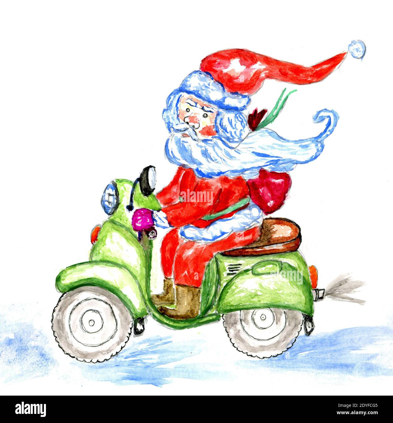 Cartoon Santa Claus riding scooter, hand drawn illustration Stock Photo ...