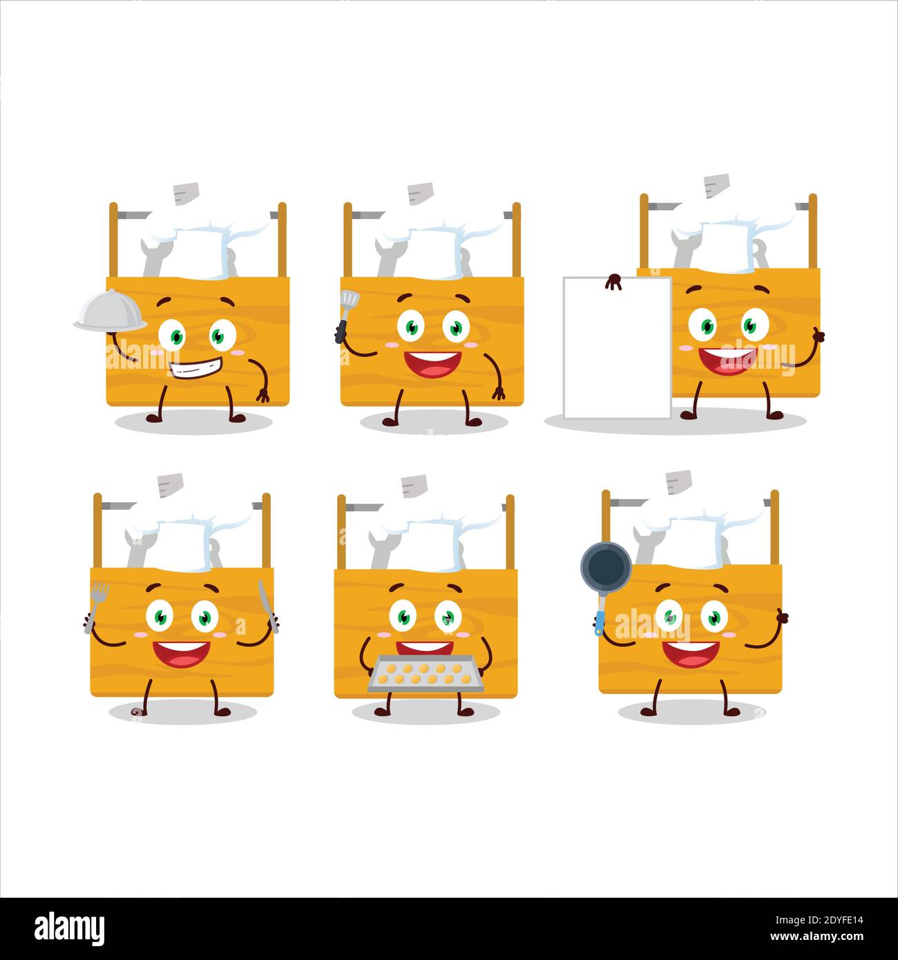 Cartoon character of wooden toolbox with various chef emoticons. Vector ...