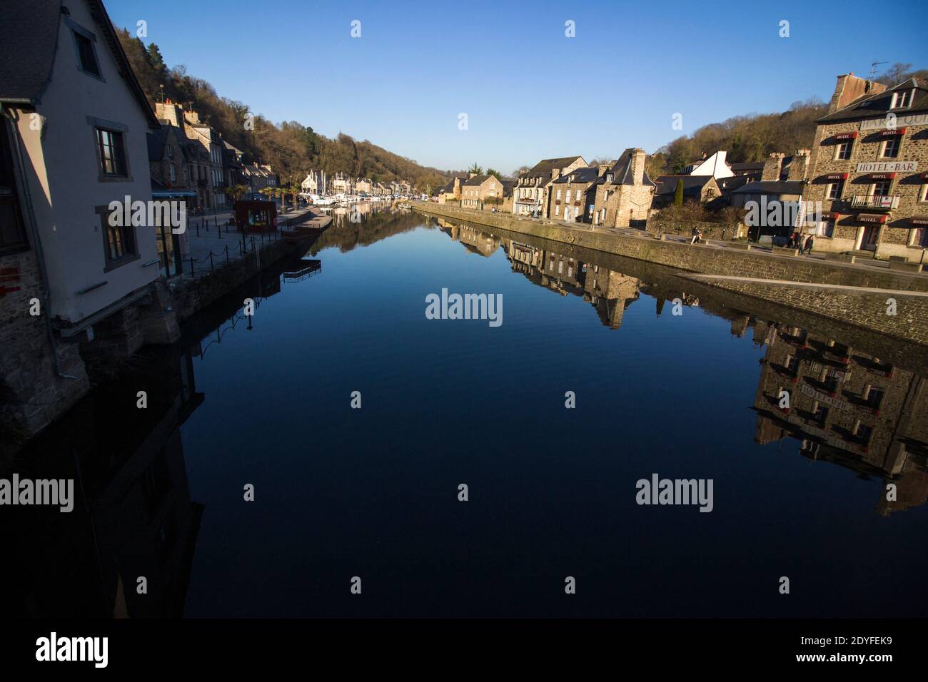 City of Dinan. Port of Dinan overlooking the river Rance. Ville de ...