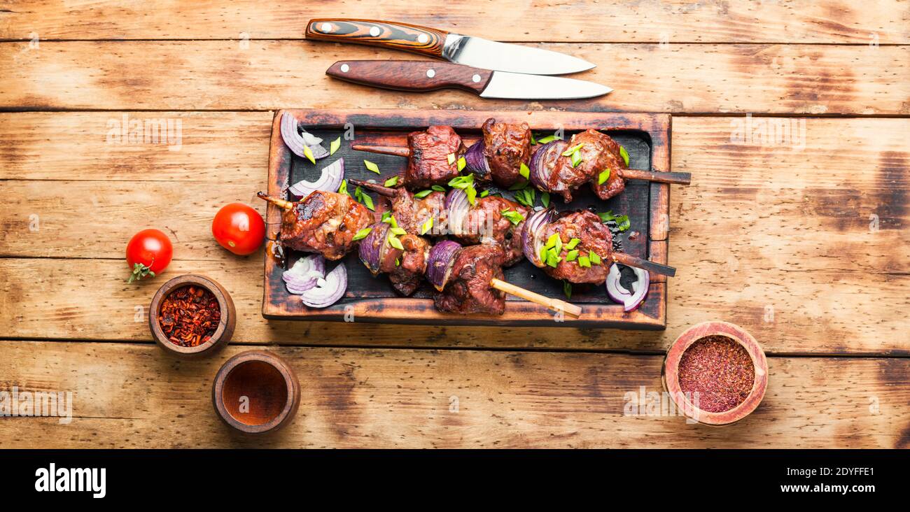 Arabic tradition liver kebab on skewers.Turkish cuisine Stock Photo - Alamy