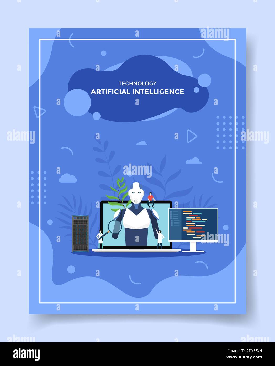 technology artificial intelligence concept people around laptop robot ...