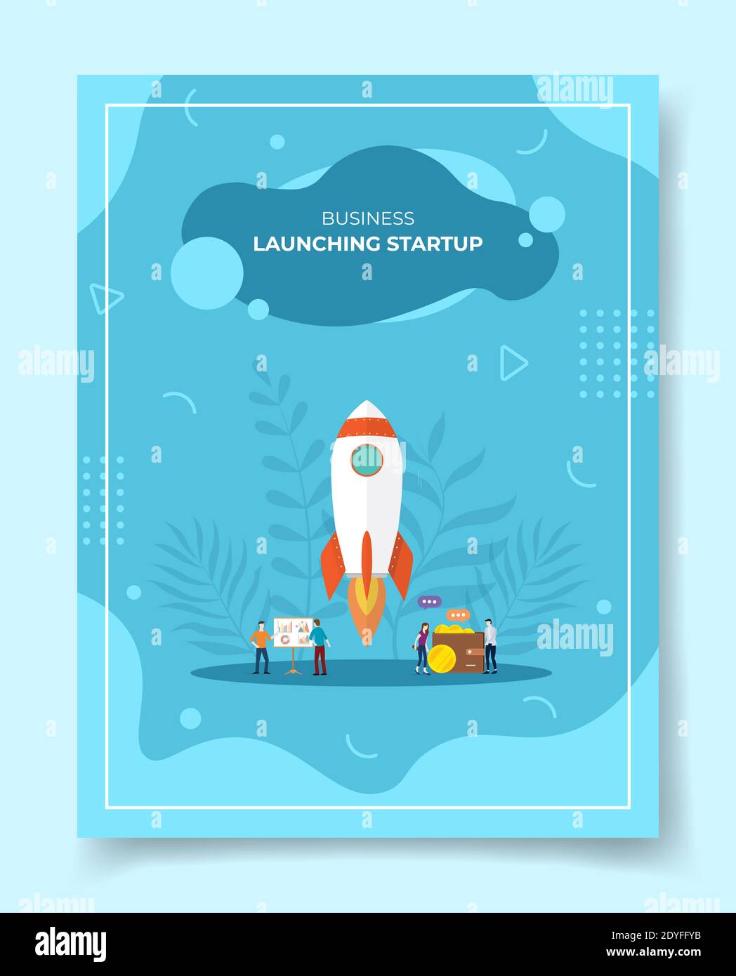 launching startup concept people around rocket fly takeoff chart board ...