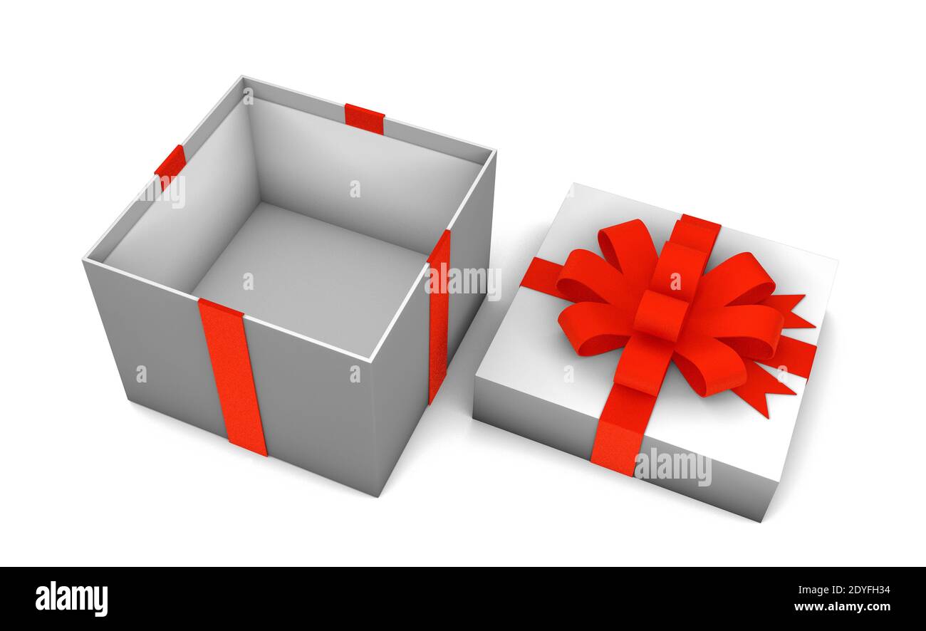 Open empty box for gifts with red ribbon isolated on white background ...