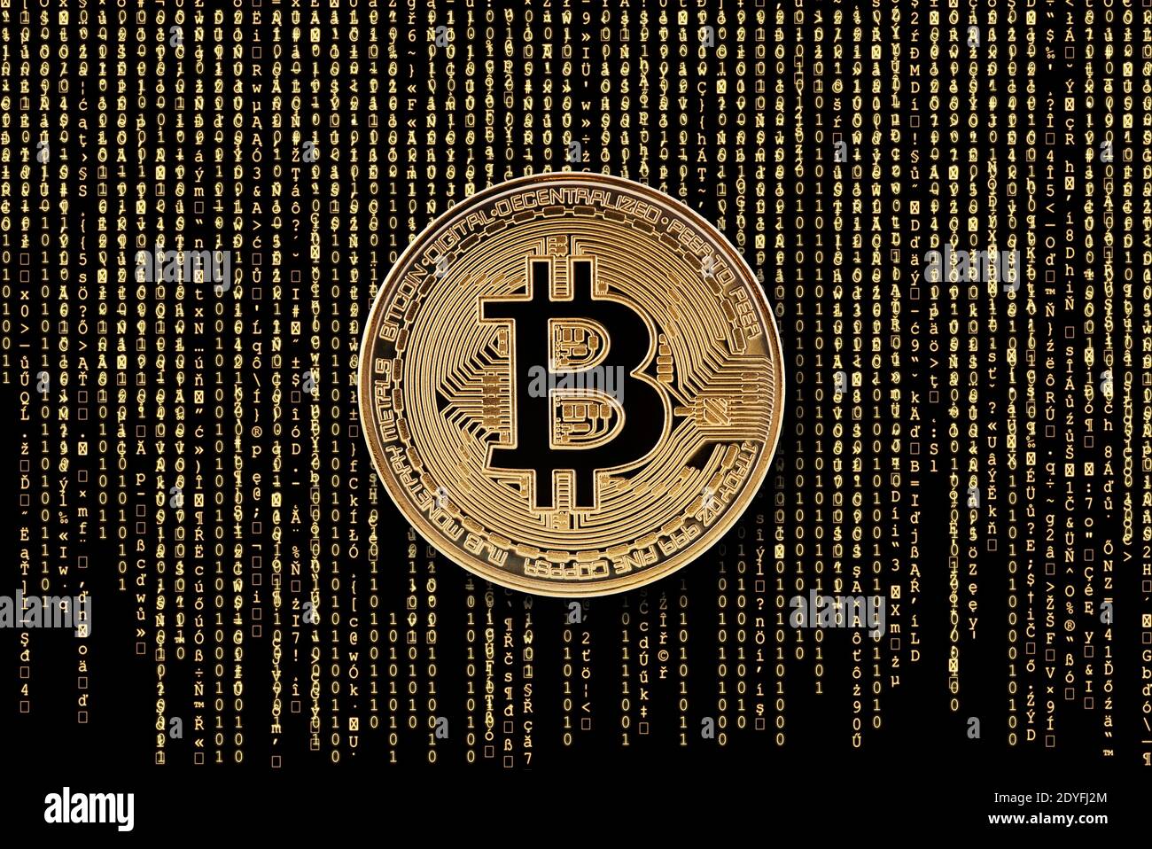Bitcoin golden coin on golden computer data background Stock Photo - Alamy