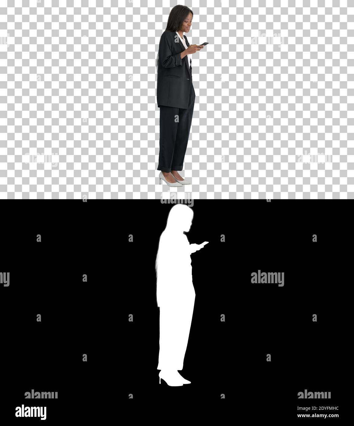 Smiling black woman texting on her cell phone, Alpha Channel wit Stock ...