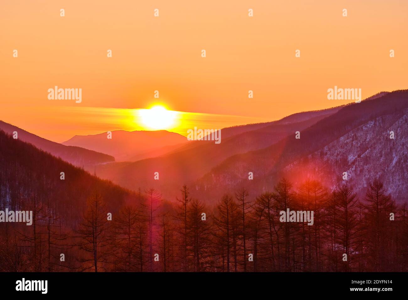 Sunset among the mountains on the road Lidoga-Vanino Khabarovsk ...