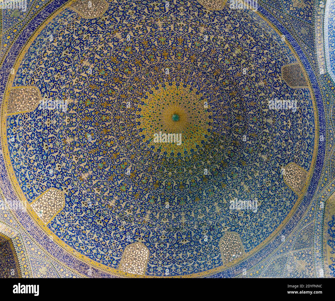 Interior view of the lofty dome covered with polychrome tiles of the ...