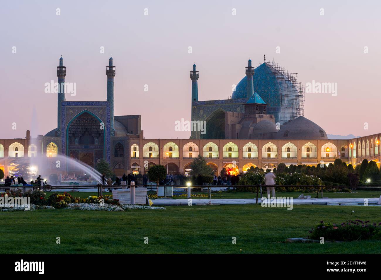 Night View of Shah Mosque or Imam mosque under renovation and sunset ...