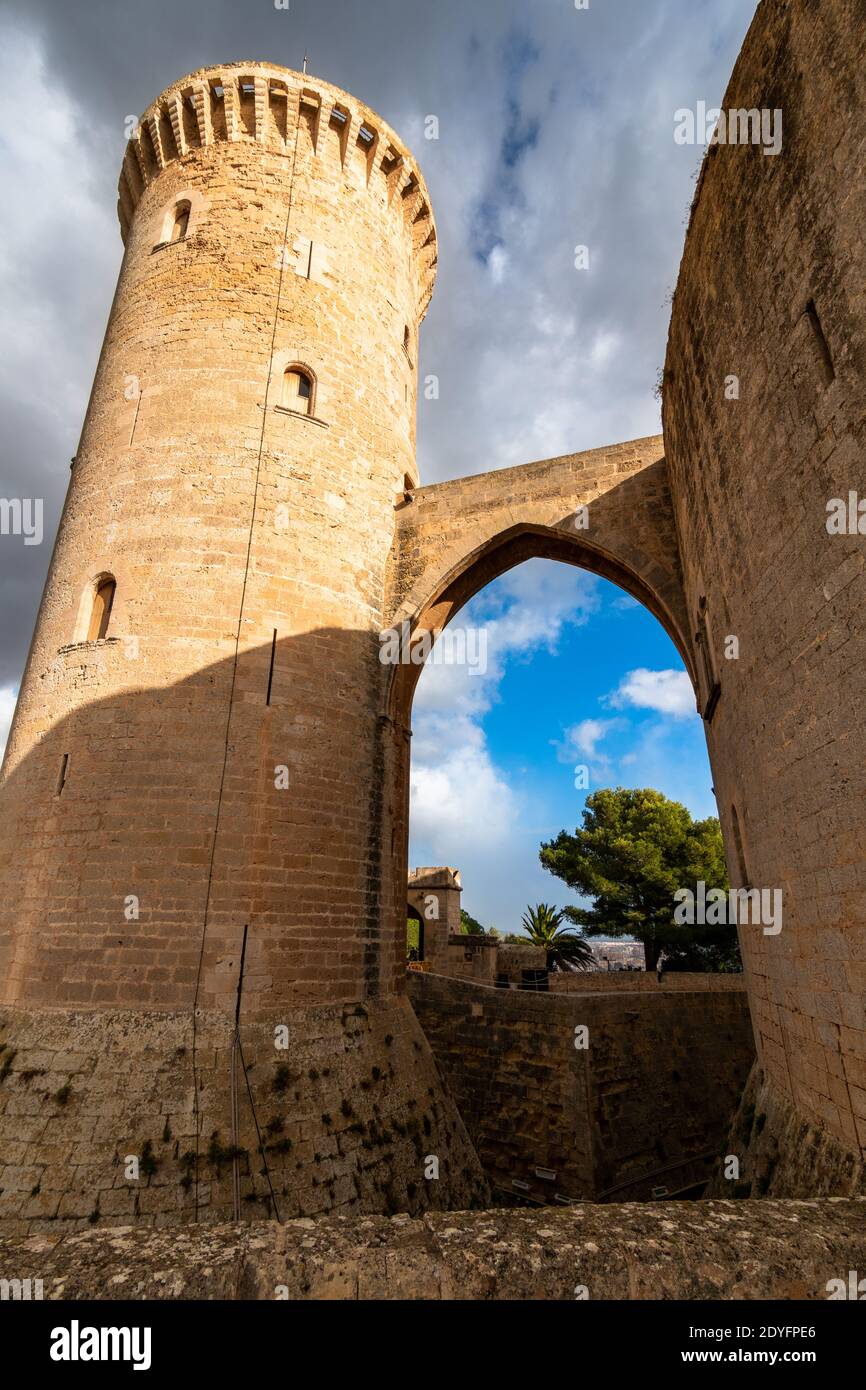 Defense tower of the Bellver castle with moat on the island of Mallorca ...