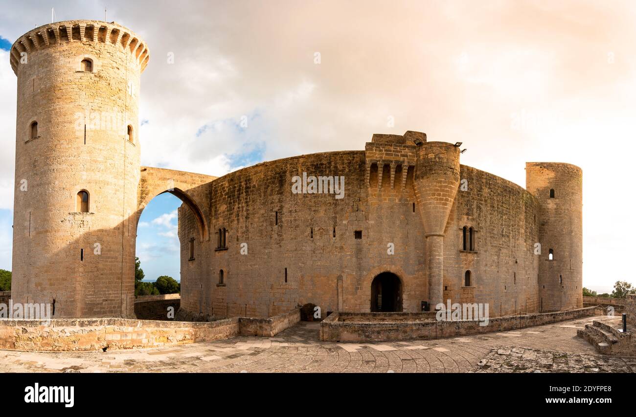 Bellver castle with a circular plan with a defense tower and a moat on ...