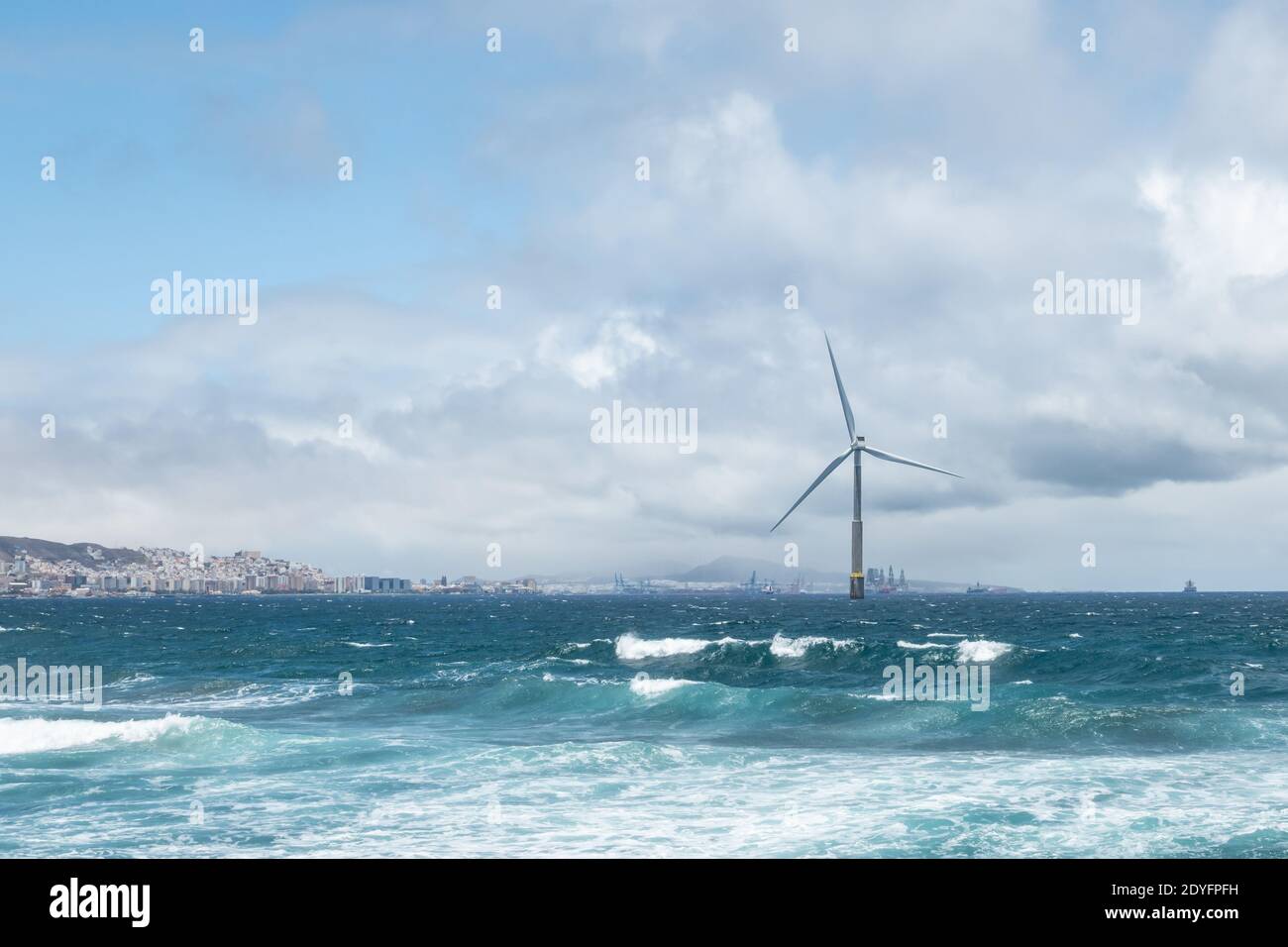wind turbine generating electricity on sea in Gran Canaria, canary ...