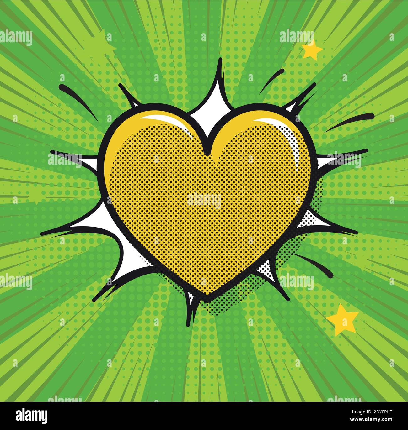 Yellow heart vector illustration. Green comics background with heart ...
