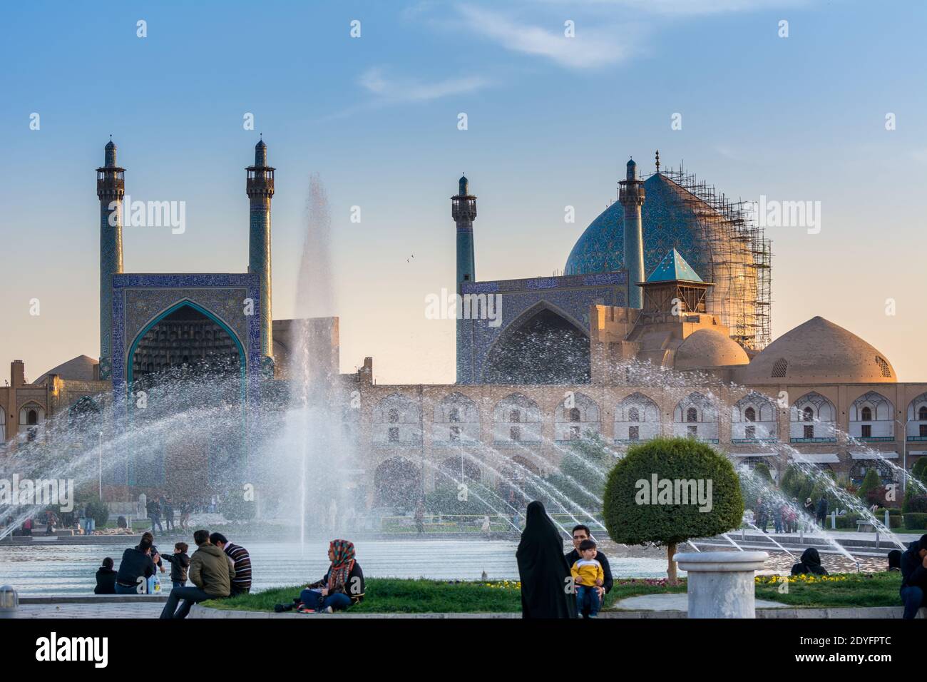 Night View of Shah Mosque or Imam mosque under renovation and sunset ...