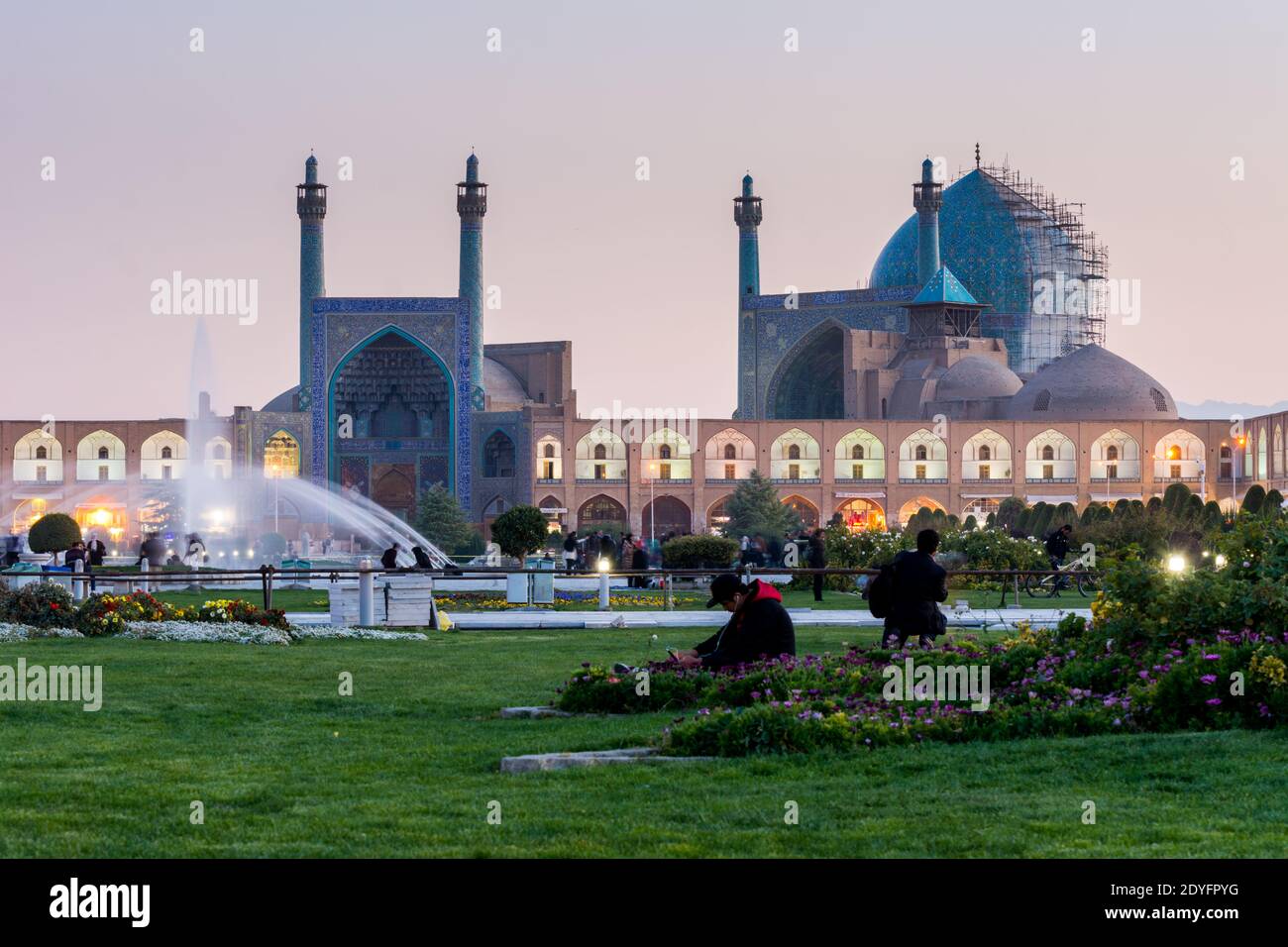 Night View of Shah Mosque or Imam mosque under renovation and sunset ...