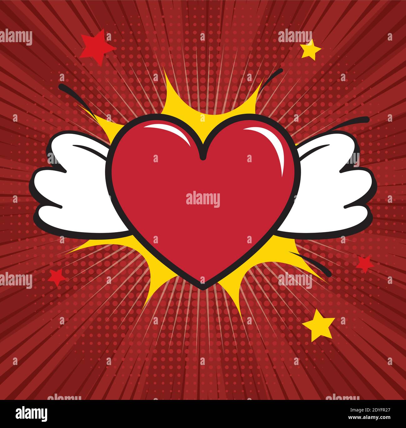 Heart with white wings vector illustration. Red comics background with ...