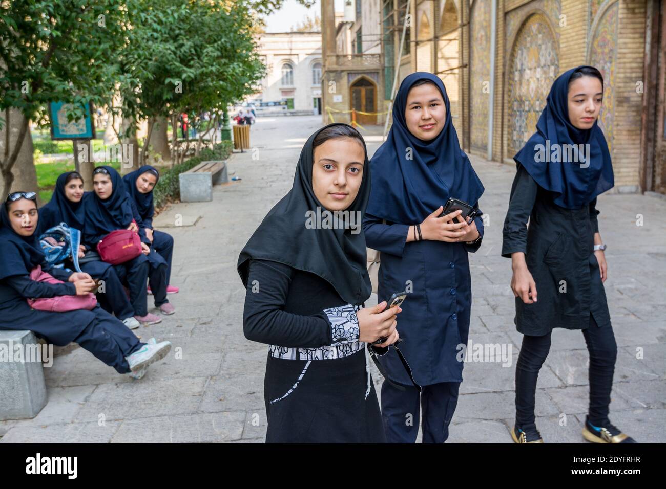 A Group Of Iran Young Girls Wearing Black Hijab At Golestan Palace