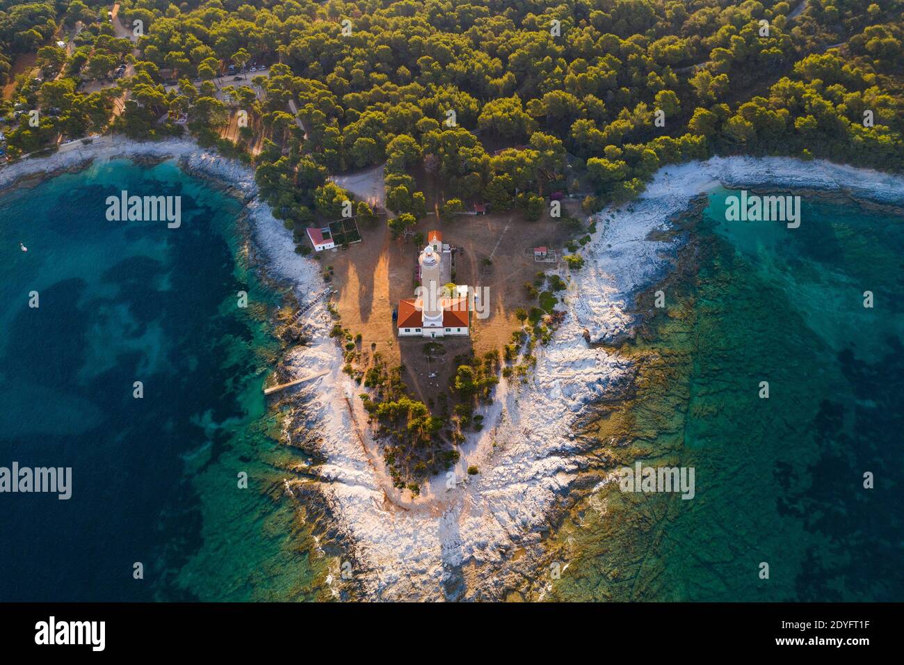 Drone aerial view of lighthouse tower of Veli Rat on the island of Dugi ...