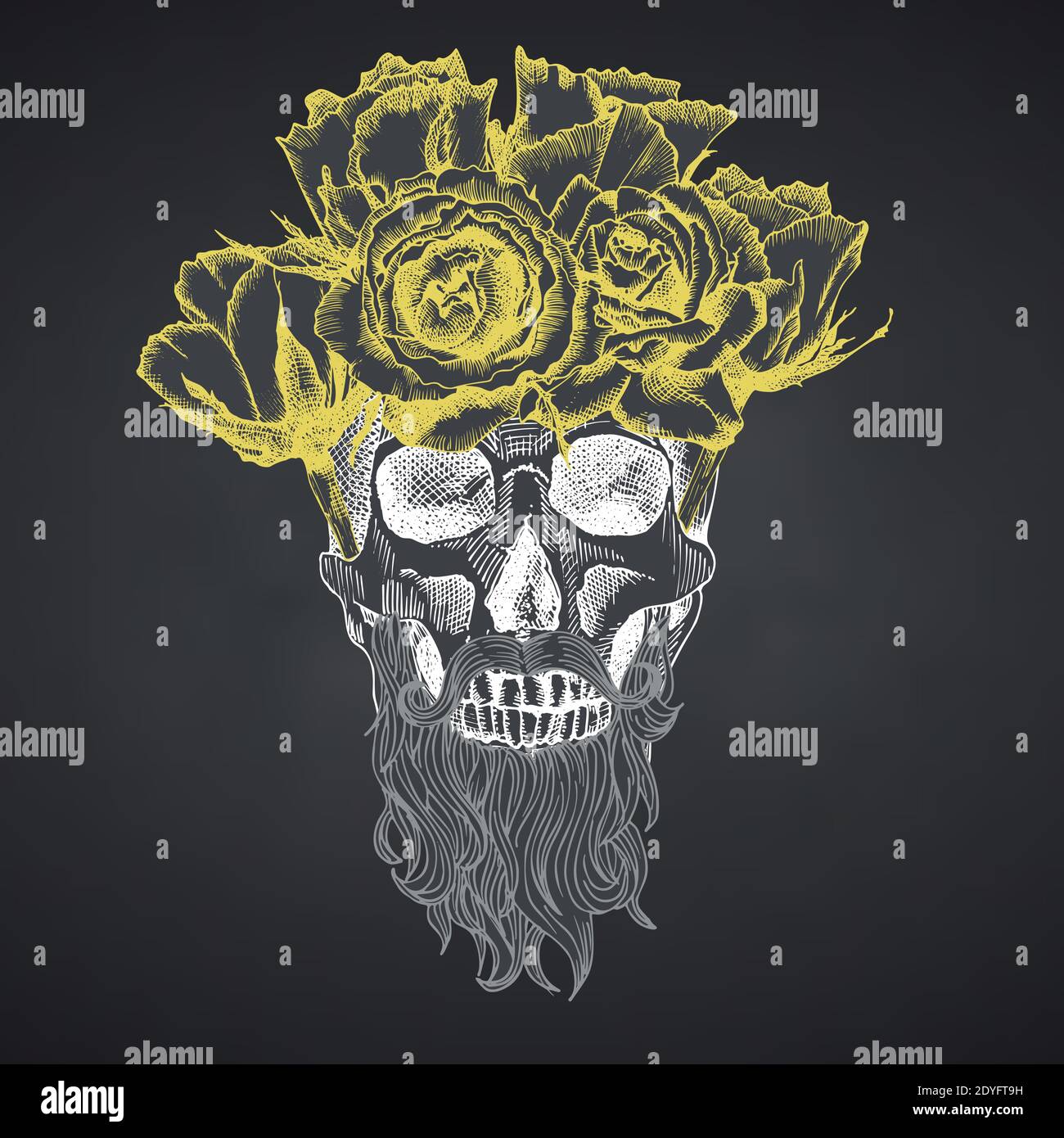 Hand drawn sketch human skull with beard and mustache in wreath of ...