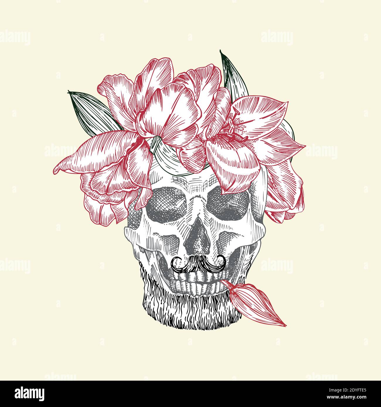 Hand drawn sketch human skull with beard and mustache in wreath of ...