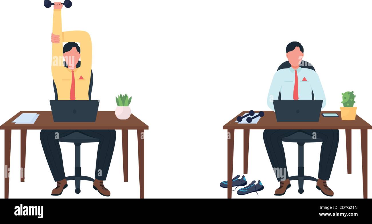 Male employee working out at workplace flat color vector faceless ...