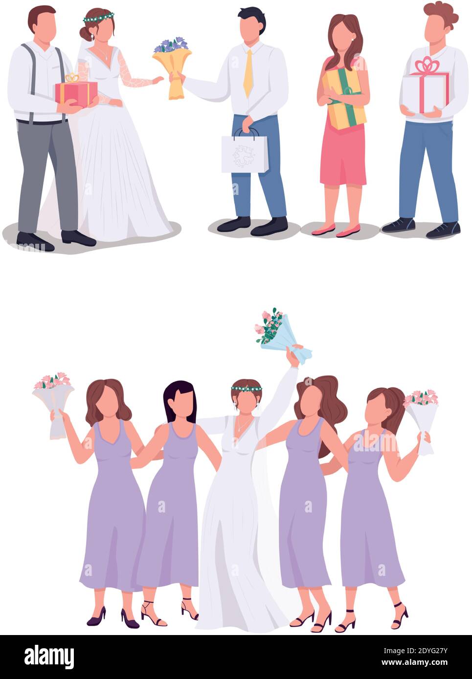 Bride and groom with guests flat color vector faceless character set ...