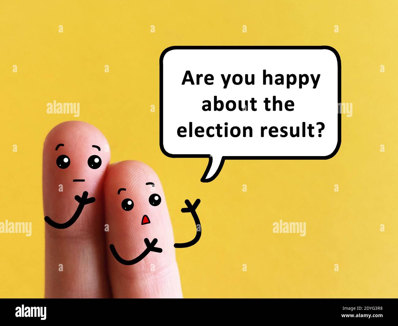 Two fingers are decorated as two person. One of them is asking another ...