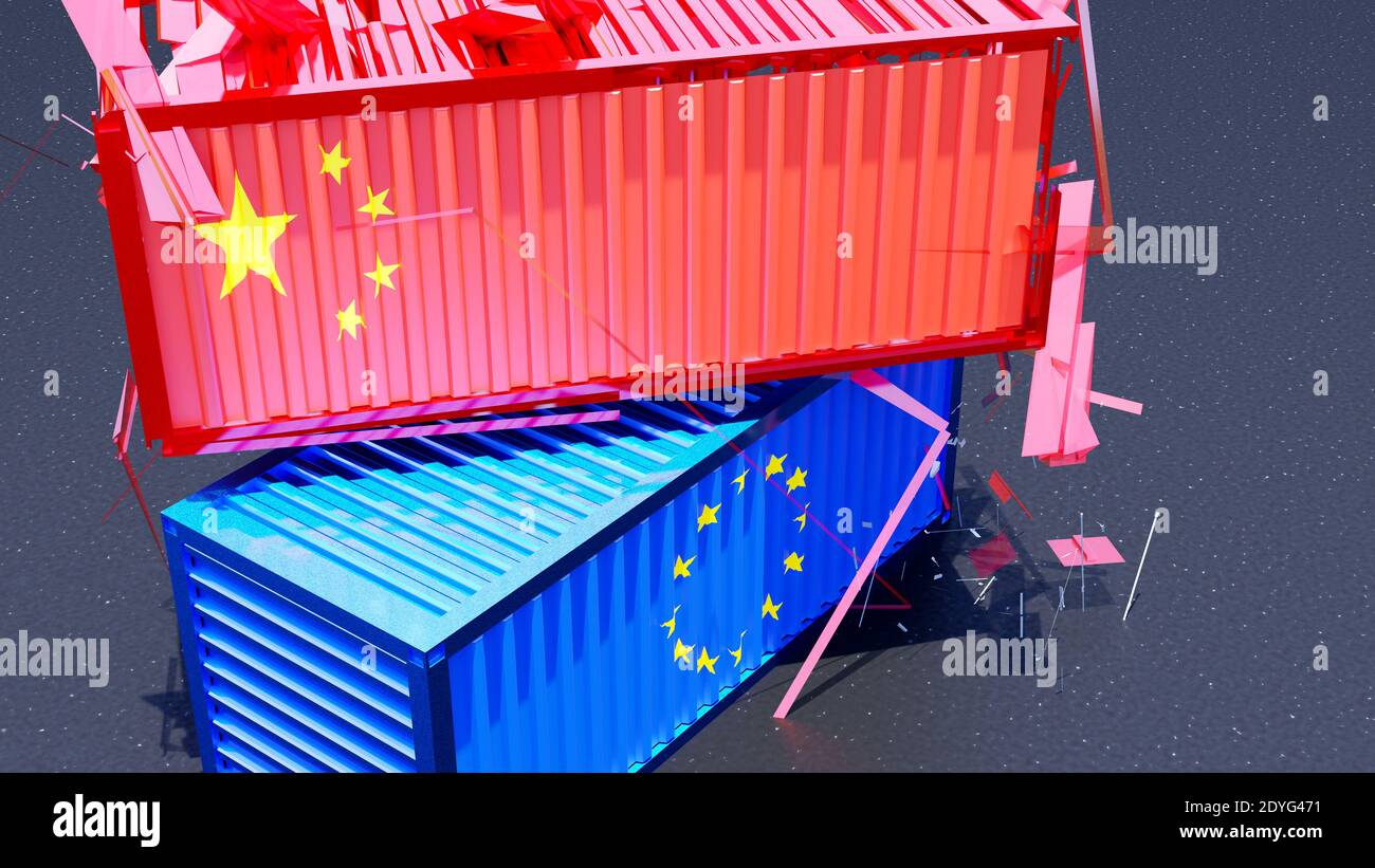 Red chinese flag cargo shipping container falling down, crushing from ...