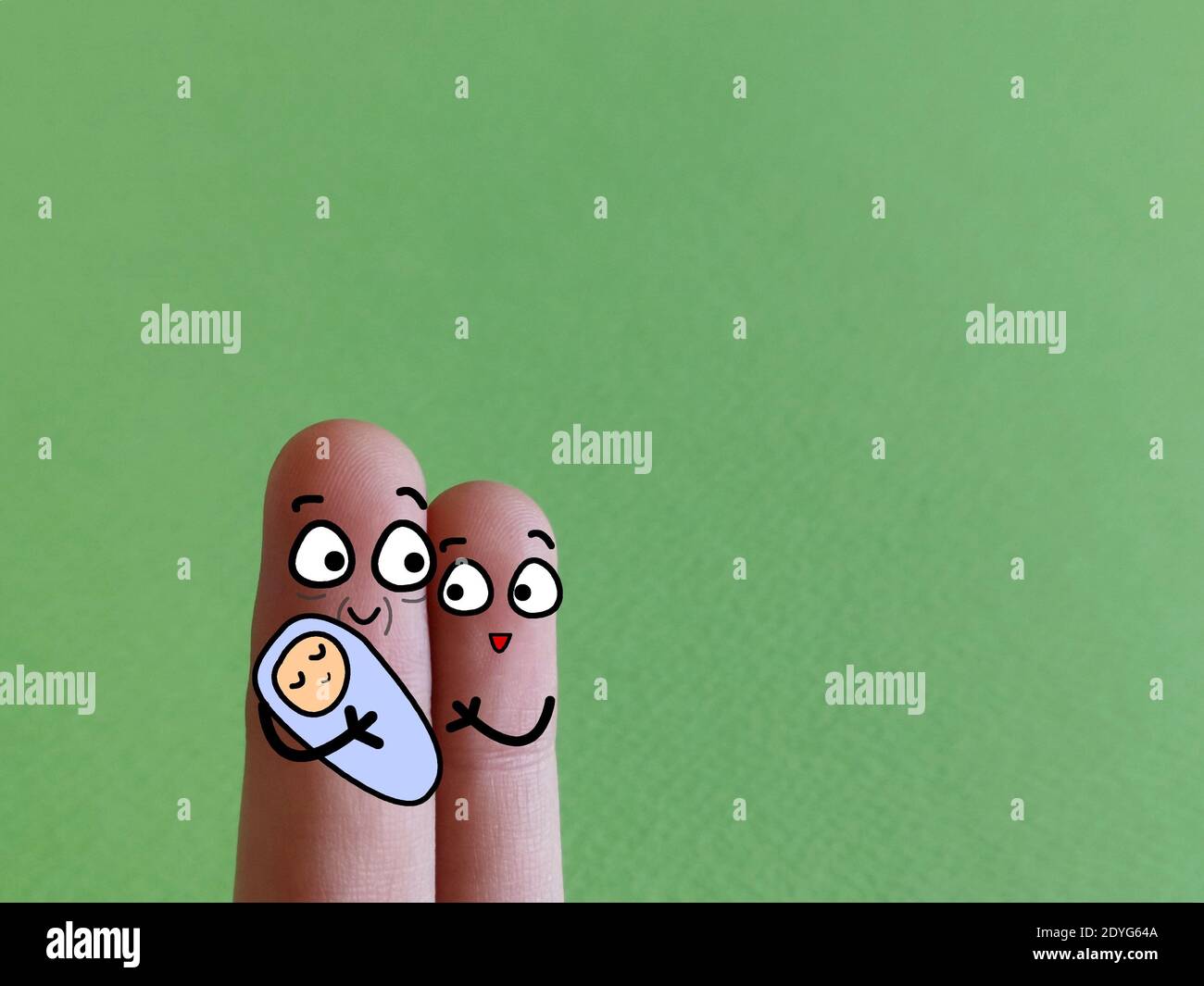 Two fingers are decorated as two person. One of them is an elderly. A ...