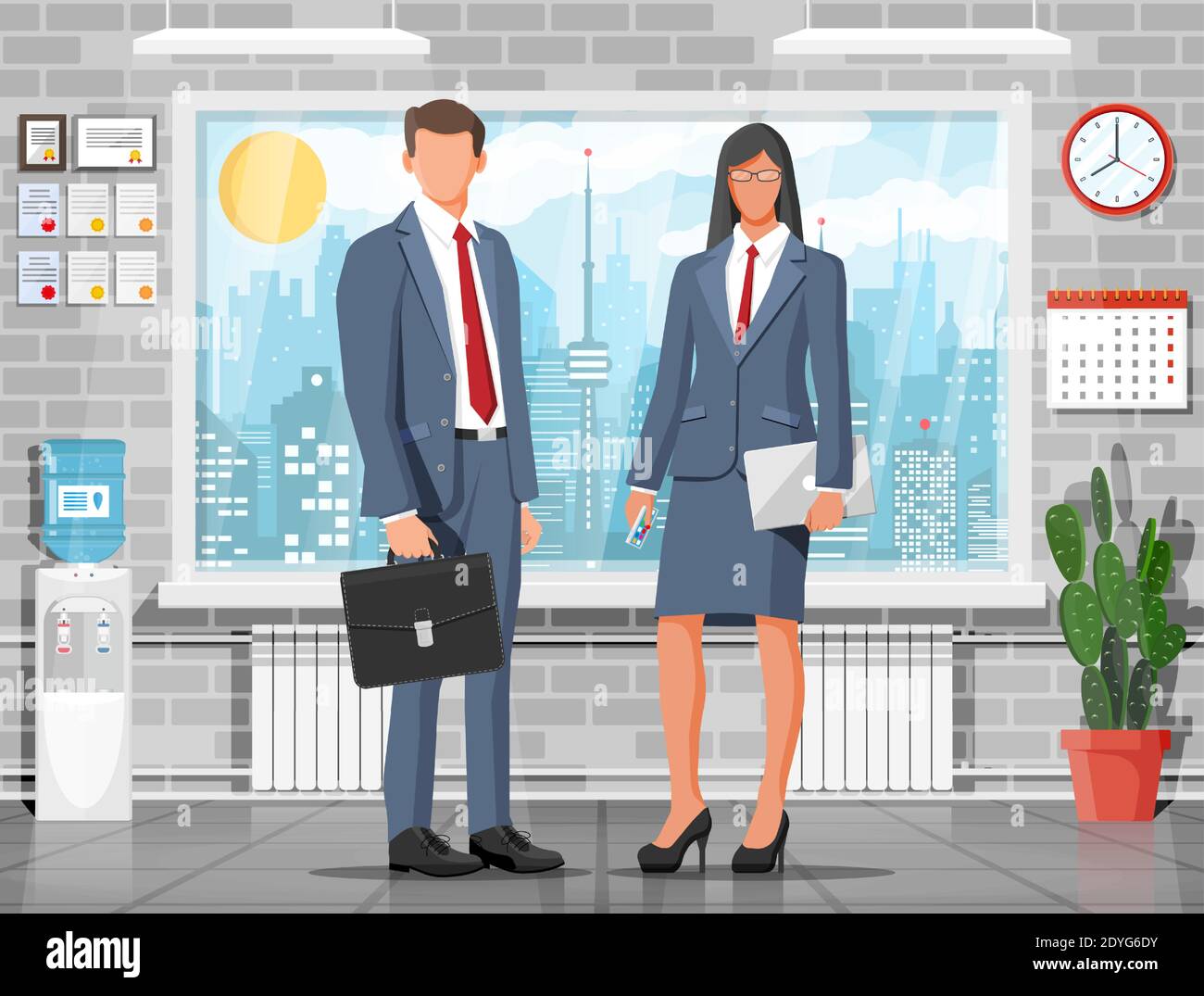 Office interior with businesswoman and businessman. Business people at ...